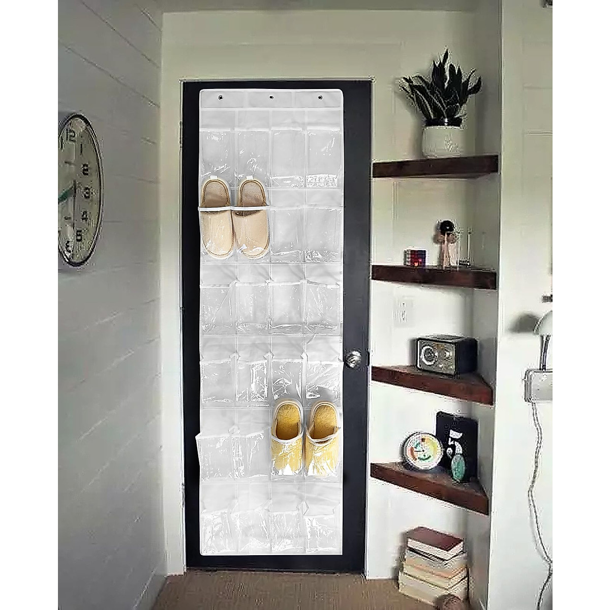 TidyMaster 1 Pack 24 Clear Crystal Pockets Large Hanging Shoe Organizer Over The Door Shoe Rack for Closet Door Storage Shoe Holder Hanger, 3 Hooks, White (64'' x 18.5'')