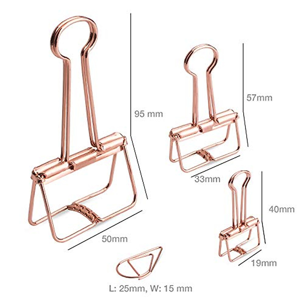 Rose Gold Wire Binder Clips and Cute Paper Clips Set Assorted Sizes, 2 Large 6 Medium 10 Small Smooth Stainless Hollow Office Clamp Clips