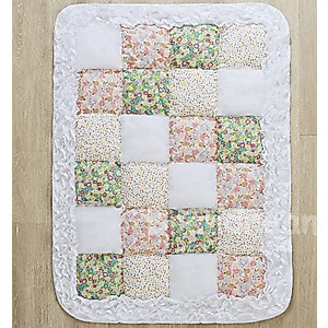 Brandream Luxury Girls Nursery Bedding Farmhouse Floral Crib Bedding Patchwork Baby Blanket Set, 4 Piece Cotton Layered Ruffle Set Pink White Green