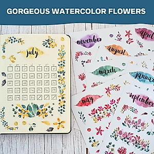 Transparent Monthly Planner Stickers - 12 Clear Sticker Sheets with Beautiful Watercolor Stickers & Undated Calendar Sticker Months - Planner, Scrapbooking and Journaling Supplies (Floral)