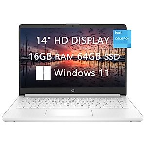 HP Premium 14-inch HD Laptop| Intel Celeron N4120 to 2.8GHz 16GB RAM 64GB SSD| Webcam Fast Charge Bluetooth HDMI USB-C Wi-Fi| Win 11 S with 1 Year MS 365| LIONEYE HDMI Cable| White (Renewed)