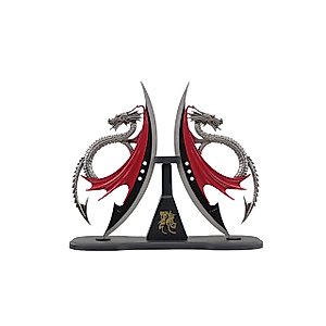 Wuu Jau H-548 Dual Fantasy Dragon Dagger Display with Wooden Stand, 11"