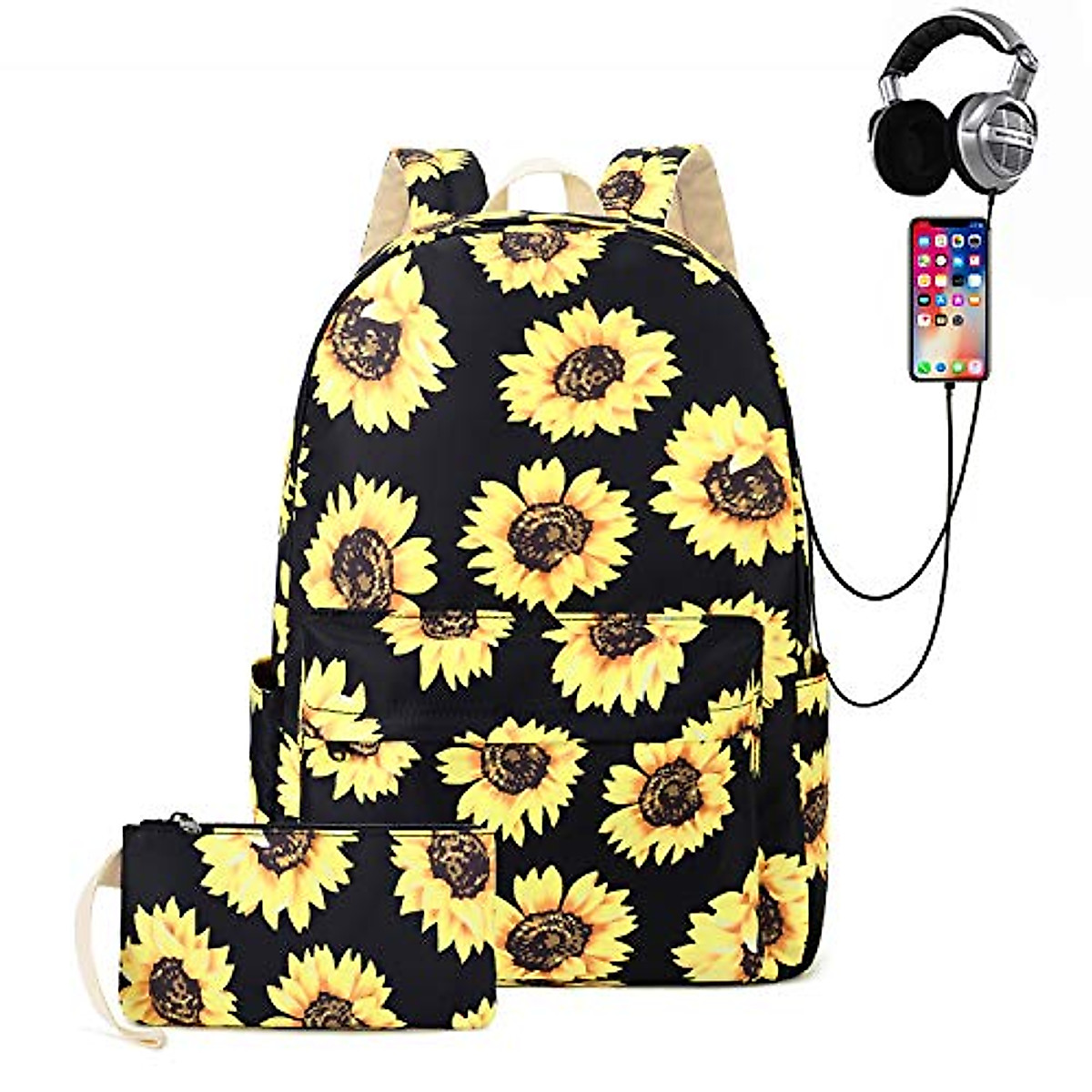 Natayoo Sunflower School Backpack for Girls Women Water Resistant Laptop Backpack with USB Charging Port, Lightweight College Bookbag