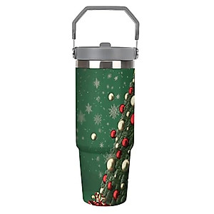 BWQJKUO Large Capacity Car Cup 30 Oz Stainless Steel Round Ball Christmas Tree Printed Travel Mug Leak-proof Flip Straw Tumbler with Handle,keeps Cold Or Ho