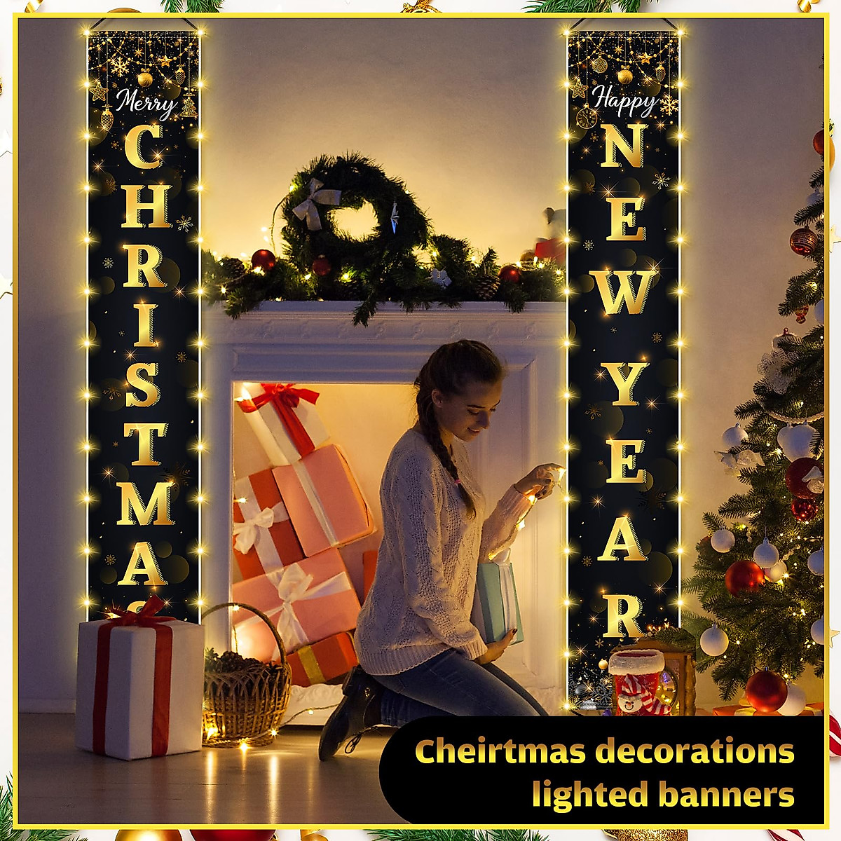 Irenare Lighted Christmas Banner Decorations with LED Light Merry Christmas Front Porch Sign Snowman Gnome Hanging Door Banner for Winter Xmas Holiday Party Outdoor Decor(Cool)