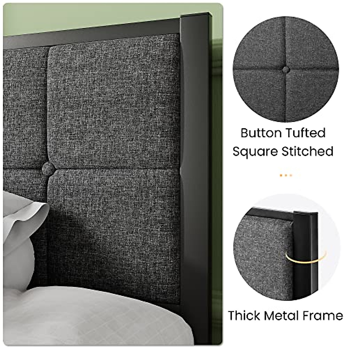 SHA CERLIN Twin Size Bed Frame with Upholstered Headboard, Platform Bed Frame with Metal Slats, Button Tufted Square Stitched Headboard, Noise Free, No Box Spring Needed, Easy Assembly, Dark Grey