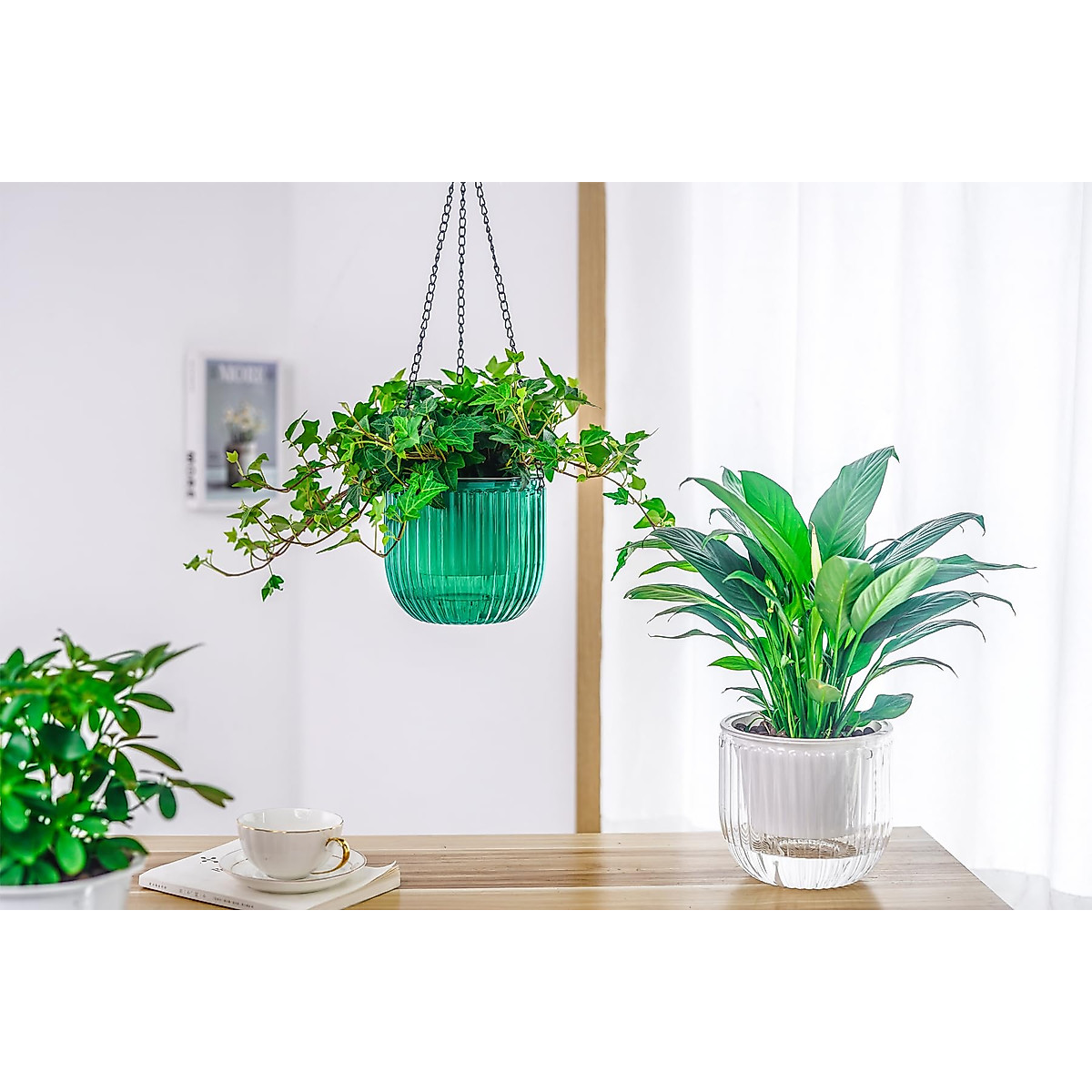 Melphoe 2 Pack Self Watering Hanging Planters Indoor Flower Pots, 6.5 Inch Outdoor Hanging Plant Pot Basket, Plant Hanger with 3Hooks Drainage Holes for Garden Home