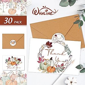 Whaline 30 Pack Fall Thank You Cards Bulk Watercolor Autumn Leaves Pumpkin Thank You Note Cards with Kraft Envelopes Stickers for Wedding Thanksgiving Harvest