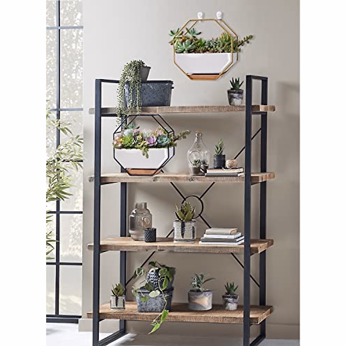 ChiRee Succulent Planters 7×3.5 Inch Decorative Ceramic Flower Plant Pots with Metal Holder Hanging and Place Dual-Purpose Garden Planter Pot with Drainage and Saucer for Indoor Home Office Desktop