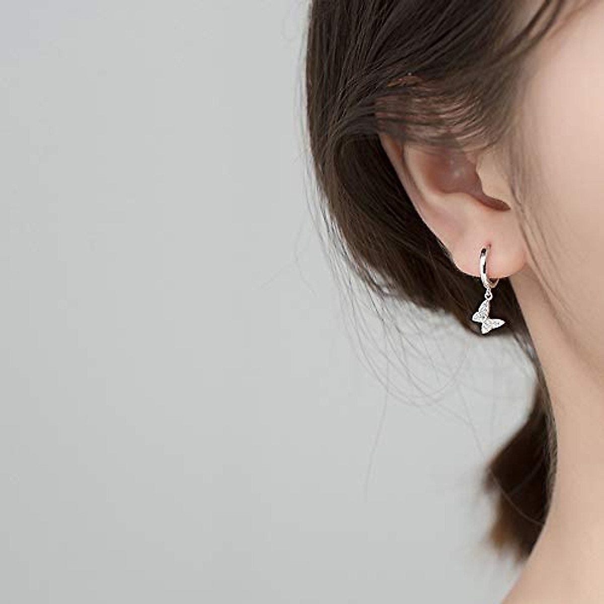 Dainty Butterfly Dangle Hoop Earrings 925 Sterling Silver for Women Girls Cute CZ Crystal Diamond Sparkly Charm Drop Cartilage Small Huggie Hoops 10mm Fashion Jewelry Christmas Gifts Hypoallergenic (Silver)