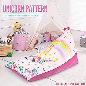 WERNNSAI Unicorn Stuffed Animal Storage - Double Sided Bean Bag Chairs Cover Only for Kids Girls Canvas Velvet Bean Bag Covers Toys Organizer Holder Unicorn Beanbag Seats (Stuffing Not Included)