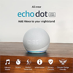 Echo Dot (5th Gen) with Clock| Glacier White with Amazon Basics Smart Color Bulb