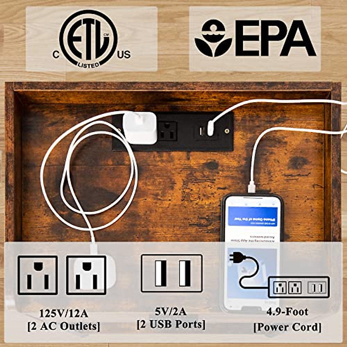 Lerliuo Nightstand with Charging Station and USB Ports, 3-Tier End Side Table with Storage Drawer and Shelf, Modern Bedside Night Stand for Bedroom, Living Room- Retro Brown