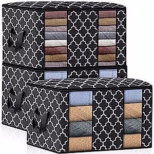 Fab totes Clothes Storage Bag Organizer [3 Pack/100L], Large Capacity Clothes Organization with Reinforced Handle and Clear Window, Foldable Storage Containers for Comforter, Blanket, Bedding, Black