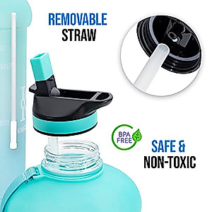 ez-FiT 1 Gallon & Half Gallon Bottles with Straw Time Marker & Motivational Water Bottle with Cleaning Brush Leakproof Reusable Gym Sports Outdoor (1 Gallon/128oz, Aquamarine/Deep SkyBlue Gradient)