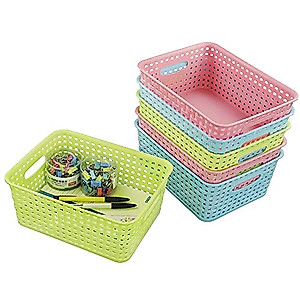 EudokkyNA Small Colored Storage Basket, Plastic Weave Basket Set of 6