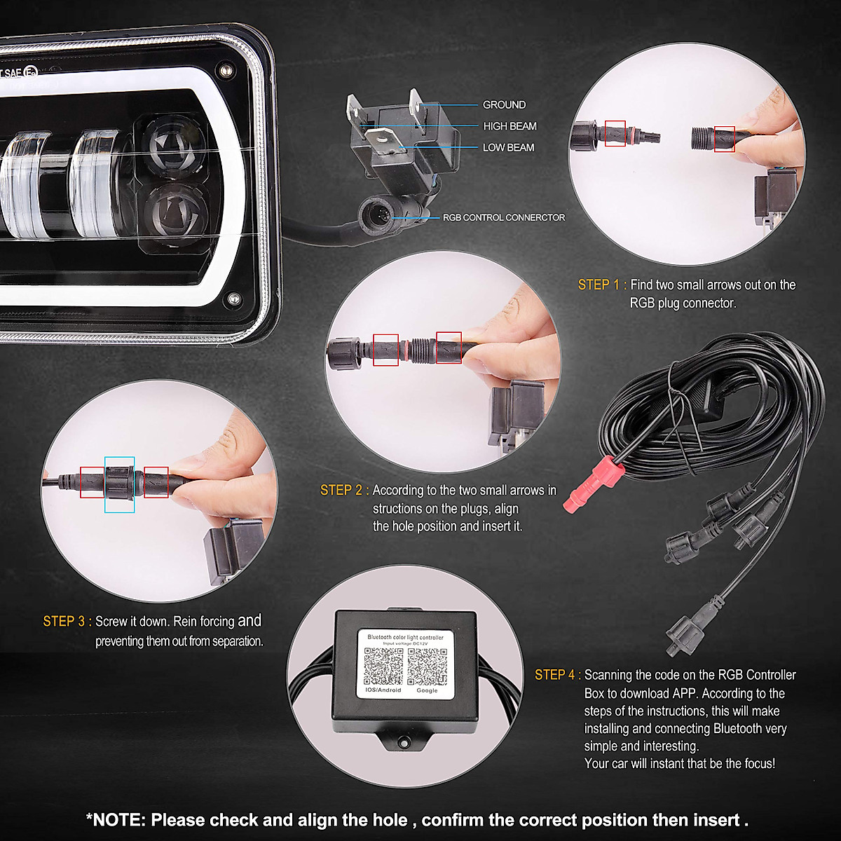 SEUYA 4x6 LED Headlights with RGB Halo Ring Music Mode Replacement H4651 H4652 H4656 H6545 Truck Chevrolet Kenworth Oldsmobile Ford Peterbilt