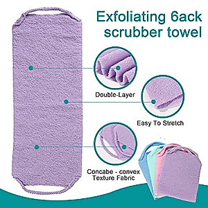 4 Pack Exfoliating Body Scrubber with Handles, Nylon Exfoliating Cloth Extended Length Back Scrubber Stretchable Pull Strap Shower Back Scrubber for Shower for Women&Men(4 Pack-Green+Blue+Purple+Pink)