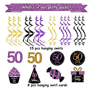 Qian's Party 50th Birthday Decorations for Women Purple Gold Black Purple Gold Foil Hanging Swirls 50th Birthday Party Decor – Women Purple 50th Birthday Party Decorations