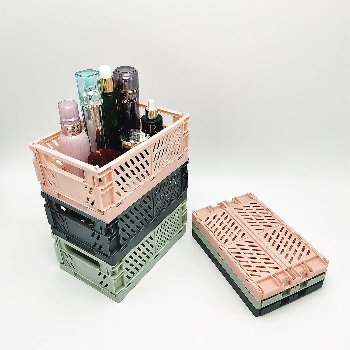 BAREGO Plastic Crates, Collapsible Folding Storage Basket/Container, Stackable Box for Office Kitchen Bathroom Grocery Car Trunk (M: 9.966.54.06in(3pcs, Macaron Mix 3 Color) M: 9.96*6.5*4.06in(3pcs）