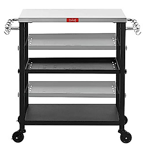 Feasto Rolling 3-Tier Adjustable Outdoor Pizza Oven Table and Food Prep Cart Table, Home and Outdoor Multifunctional Stainless Steel Table Top Worktable on Four Wheels, L34’’x W16.1’’x H33’’