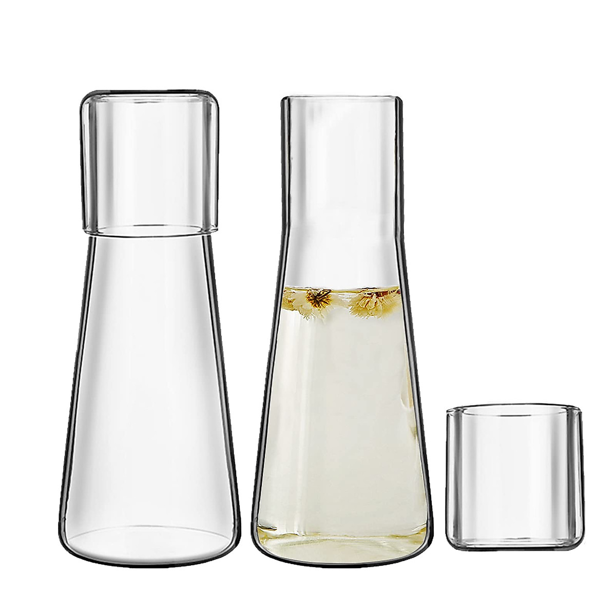 NDSWKR 2 Sets Bedside Water Carafe with Tumbler Glass, 800 ML Bedside Night Carafe Pitcher and Water Glass, Glass Water Pitcher with Cup for Bathroom, Bedroom, Kitchen, Living Room, Office (26 Oz)