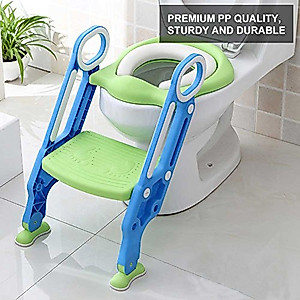 Toilet Training Seat, Adjustable Baby Safety Potty Training Seat Chair Foldable Kids Toilet Potty Trainer with Step Stool Ladder and Soft Cushion for Toddler Child Baby Boys Girls(Blue Green)
