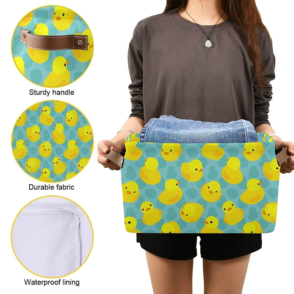 Rectangular Storage Bin Yellow Rubber Duck Basket with Handles - Organizer Bin for Toys, Books, Laundry Basket for Kids/Pets, Playroom