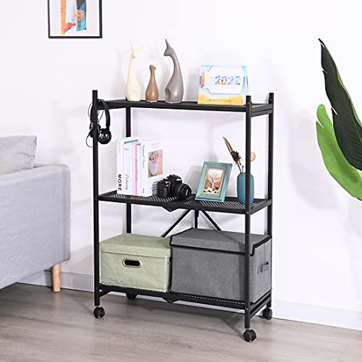 RokiaTek 3-Shelf Foldable Storage Shelves with Wheels, Large Capacity Metal Standing Shelving Unit, No Assembly Heavy Duty Organizer Rack for Kitchen, Garage, Basement, Pantry, Matte Black