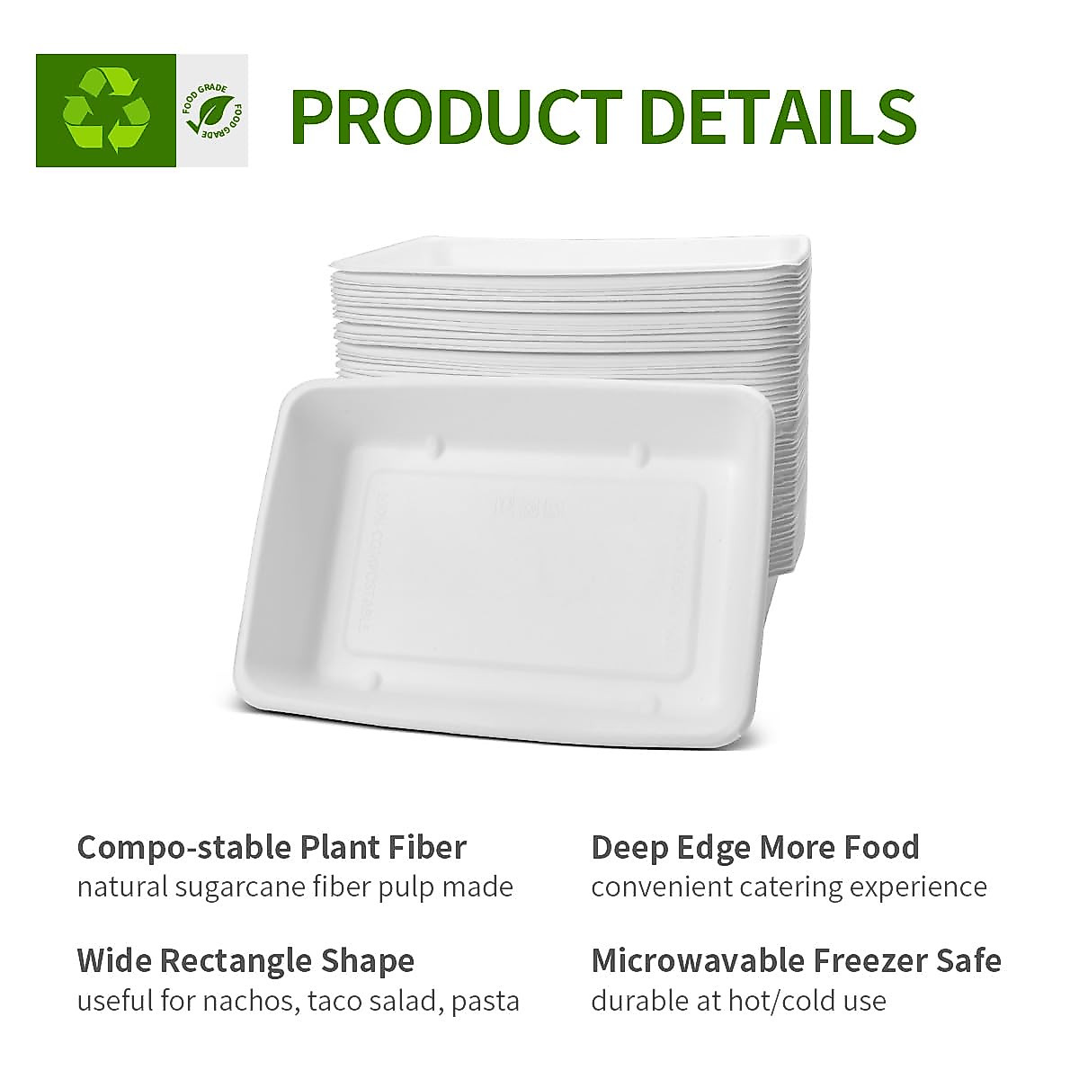 AICHEF 50 Pack 30 oz Compostable Deep Dish Plates, Rectangle Deep Disposable Plates Trays for Burger, Nacho, Taco Salad, Popcorn Snack - 9x6x1.8 inch