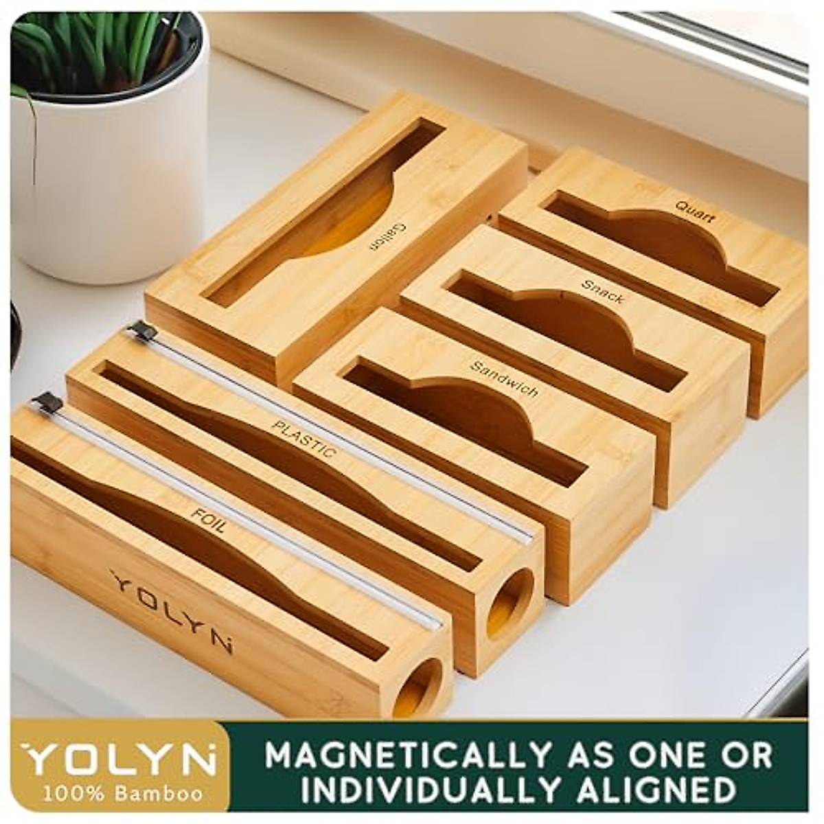 YOLYN Bamboo Kitchen Drawer Organizer Box - Baggie, Foil, Plastic & Wrap Food Storage with Dispensers & Cutters for Gallon, Quart, Sandwich & Snack Bags - 6 Pices set