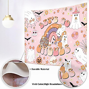 Mocsicka Halloween Bachelorette Party Backdrop Let's Go Ghouls Bridal Shower Party Decorations Retro Groovy Hippie Ghost Boo Wedding Engagement Cake Table Banner (Pink, 8x6ft(96''x72''))