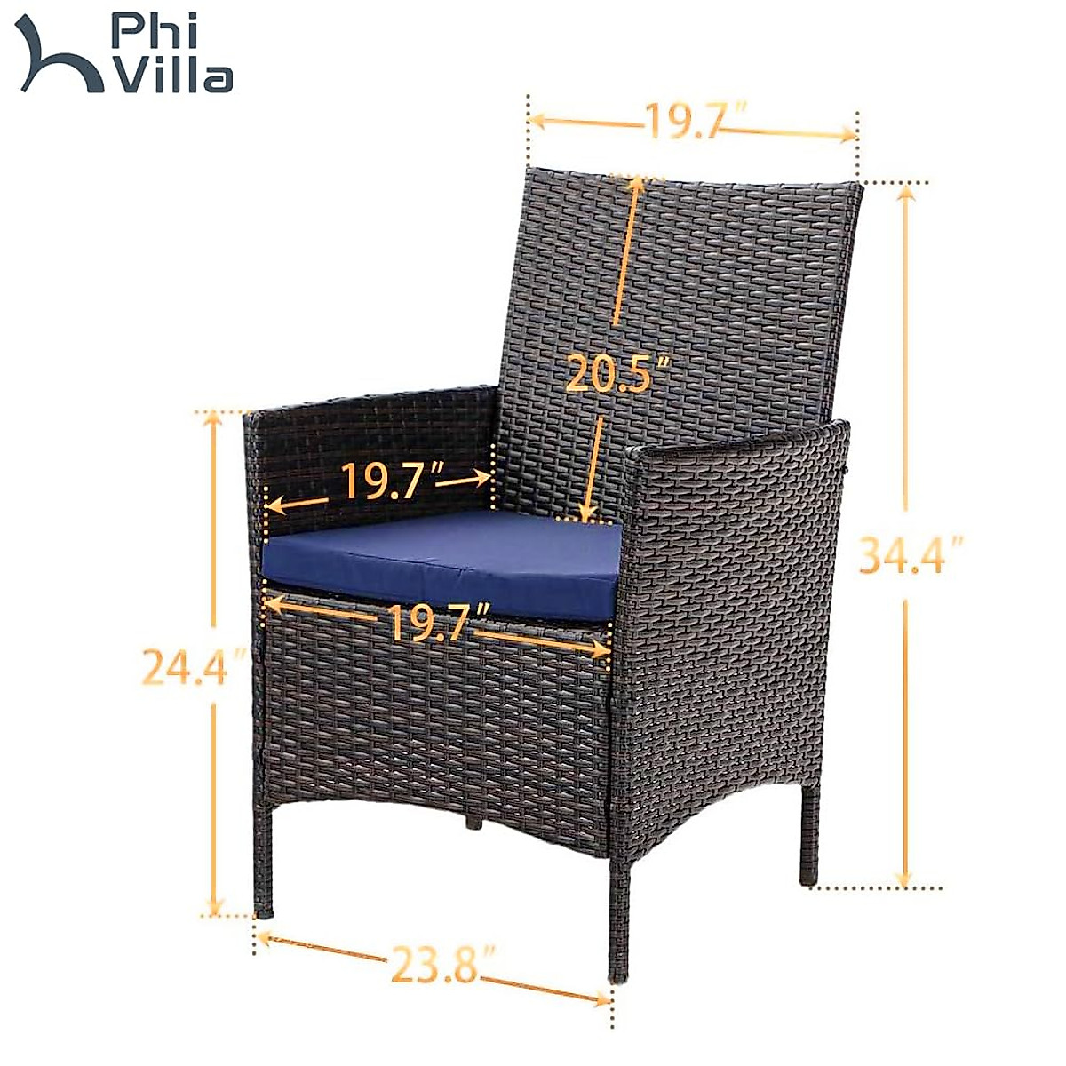 PHI VILLA Patio Wicker Chair Set of 2, Outdoor Modern PE Rattan Armchair with Removable Cushions for Deck, Porch, Balcony