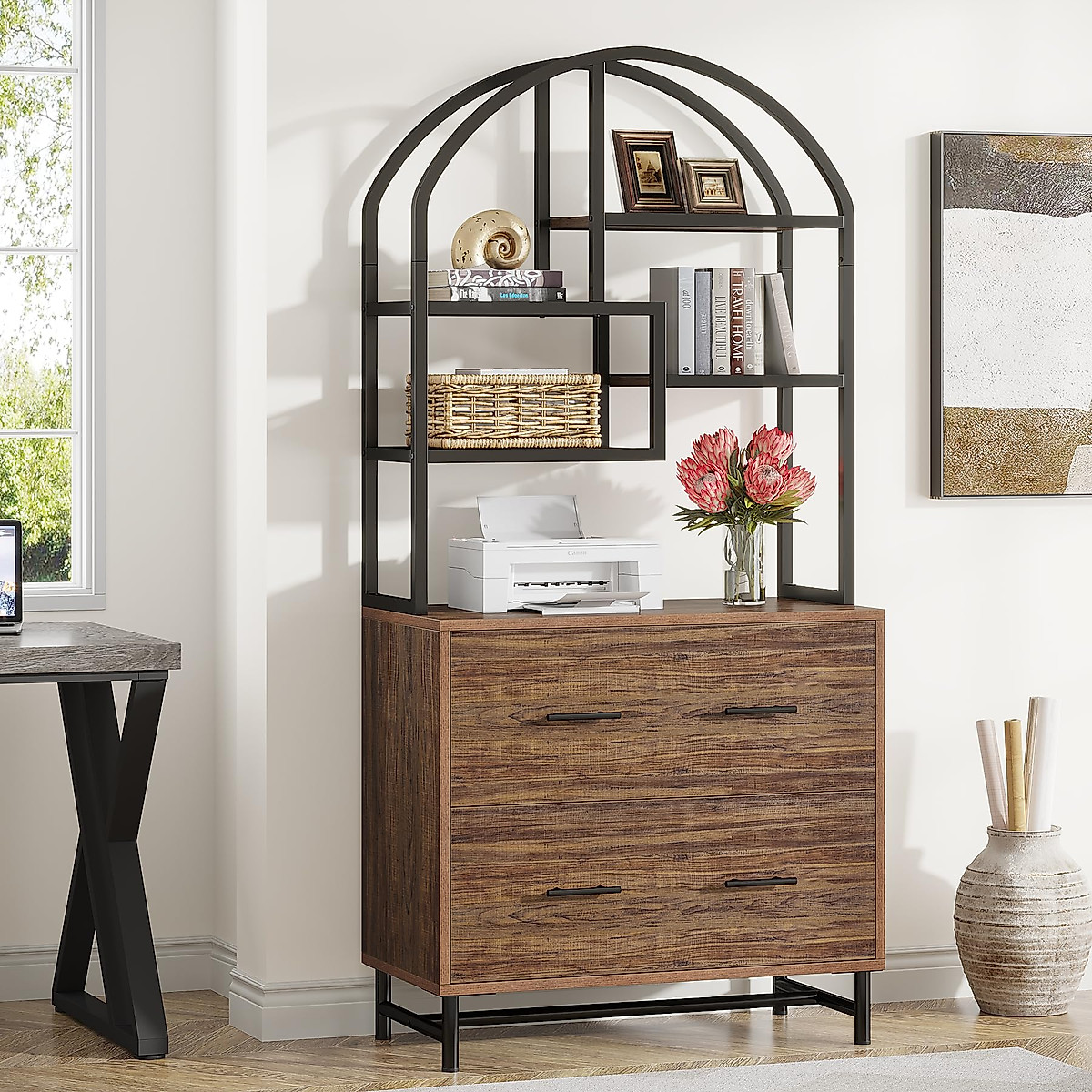 Tribesigns 4-Tier Bookshelf with 2 Drawers, Industrial Open Book Shelf Arched Bookcase, 70.8" Tall Storage Shelves Display Rack with LED Light and Metal Frame for Living Room (1, Grey)