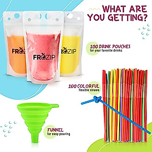 Frozip 100pcs 16oz Drink Pouches for Adults - Drink Pouches with Straws x100 & Funnel - Resealable Smoothie Pouches & Clear Juice Pouches for Adults - Drink Bag Plastic Pouches for Drinks with Straws