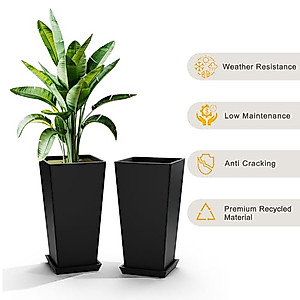 Elevens Tall Planters 20 Inch Tapered Square Planters Garden Flower Pots,Indoor/Outdoor Planter with Tray, Large Planter for Patio Black-2 Pack
