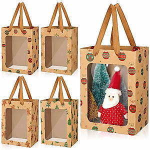 Cholemy 16 Pcs Christmas Gift Bags with Clear Window and Handles Kraft Christmas Paper Gift Bags 10 x 7 x 5.12 Inches Christmas Goody Bags for Xmas Holiday Party Favors Presents Wrapping Display