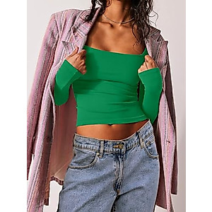 Dwnval Women's Sexy Long Sleeve Crop Top Square Neck Double Lined Basic Slim Fit T Shirt(Green, S)