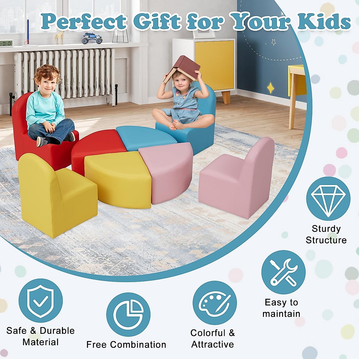 Kinsuite Kids Sofa Seating Set Convert to Table and 4 Chairs Colorful Stools for Toddlers Soft Foam Play 8 PCs Set for Classroom