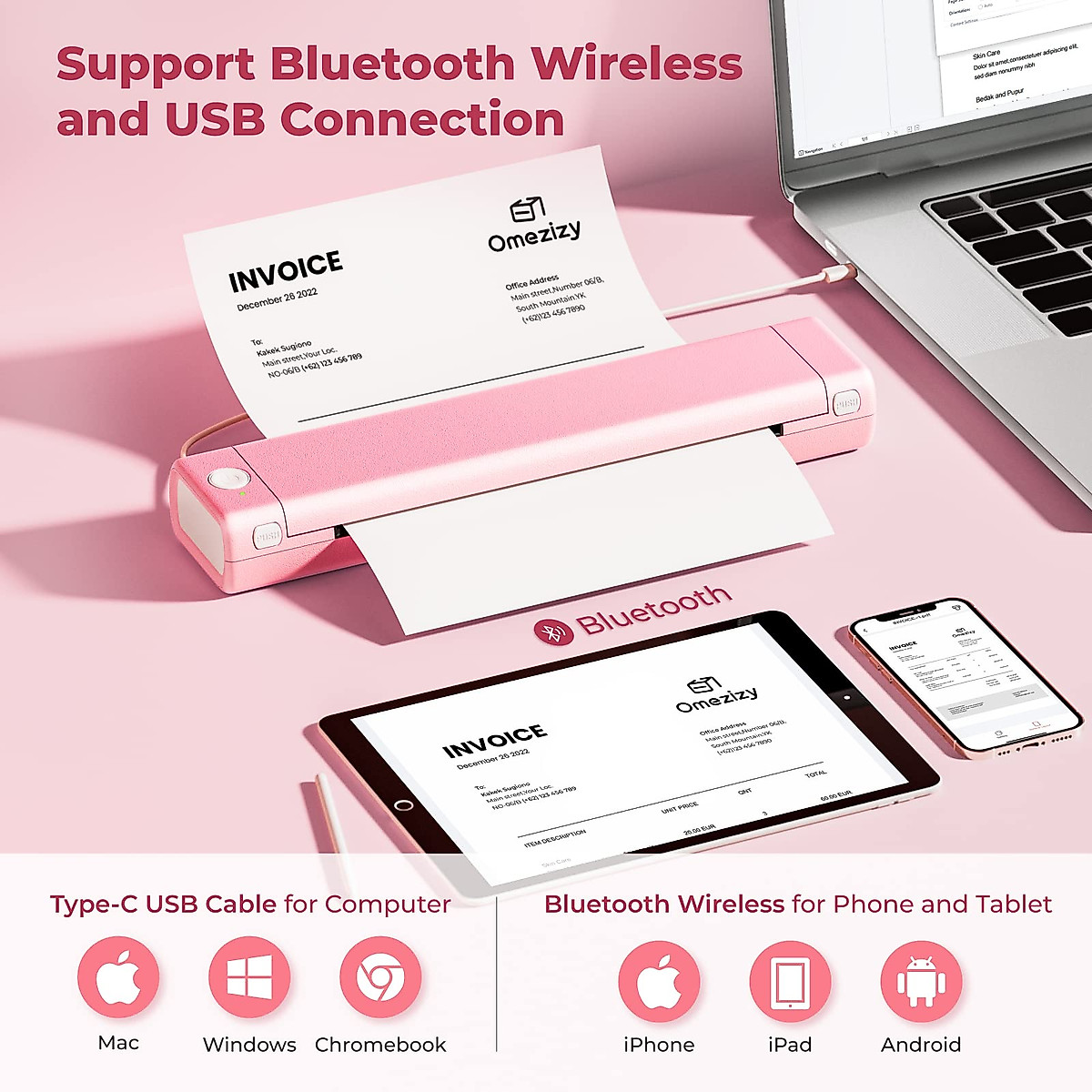 Portable Printers Wireless for Travel - Bluetooth Thermal Mobile Printer Support 8.5" X 11" Letter Size Thermal Paper, On the Go Inkless Portable Bluetooth Printer for Laptop, Phone and Ipad - Pink