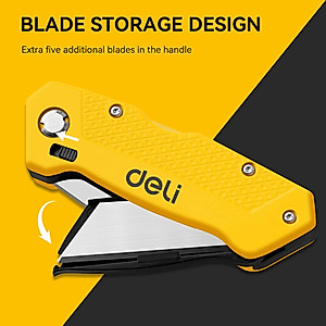 deli Folding Utility Knife Box Cutter Quick Change Blades, Back-lock Small Utility knife, Portable Belt Clip, with 5-Piece Extra Blades, Yellow