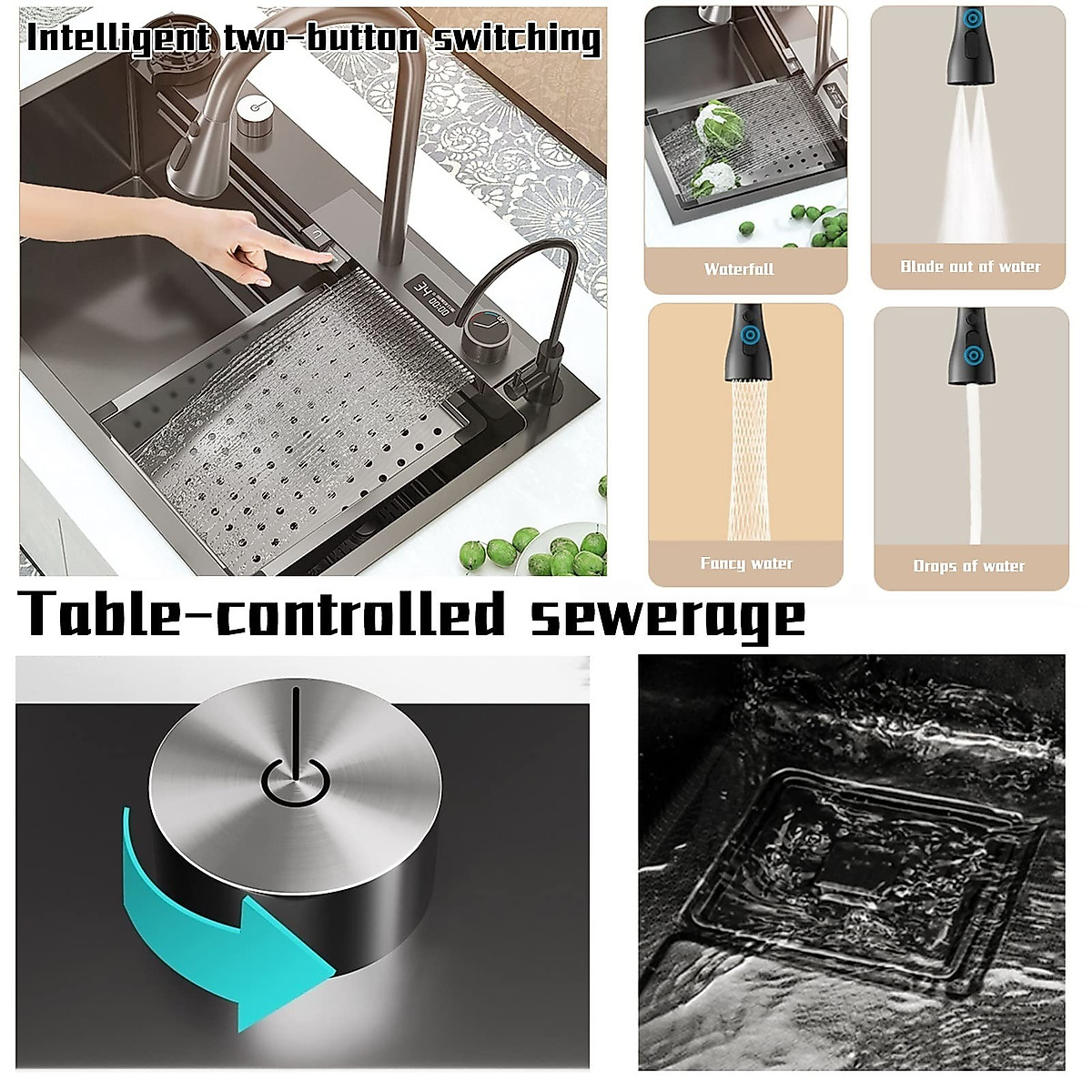 Kitchen Sink Digital Display Embossed Large Single Groove 304 Stainless Steel Nano Raindance Waterfall Sink with Pressurized Cup Washer and Two Waterfalls