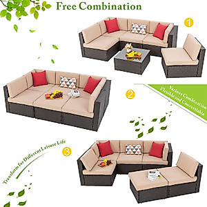 Vongrasig 6 Piece Small Patio Furniture Sets, All Weather PE Wicker Rattan Outdoor Sectional Sofa Conversation Couch with Glass Table, Cushions and Red Pillows, for Lawn, Garden, Backyard (Beige)