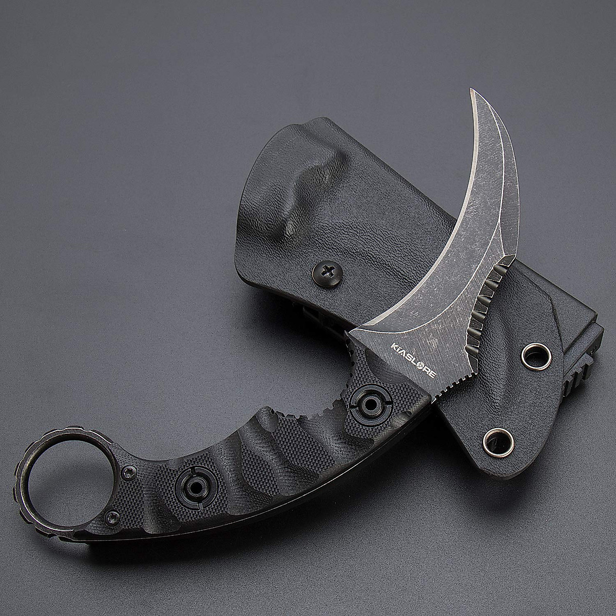 KIASLORE 1911K Tactical Knife Fixed Blade Teeth Knife D2 curved Blade & G10 Handle for Outdoor Survival, Camping, Bushcraft and Hunting, with Sheath (Stonewashed, 180)