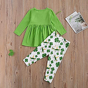 sshybmne Toddler Kids Girl St. Patrick 's Day Outfits Long Sleeve Top Dress Four-Leaf Clover Print Pants Clothes Set (Green, 6-7T)