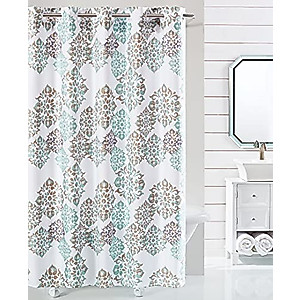 Hookless Alessandra Shower Curtain with Peva Liner, 71 in x 74 in, White, Blue and Brown
