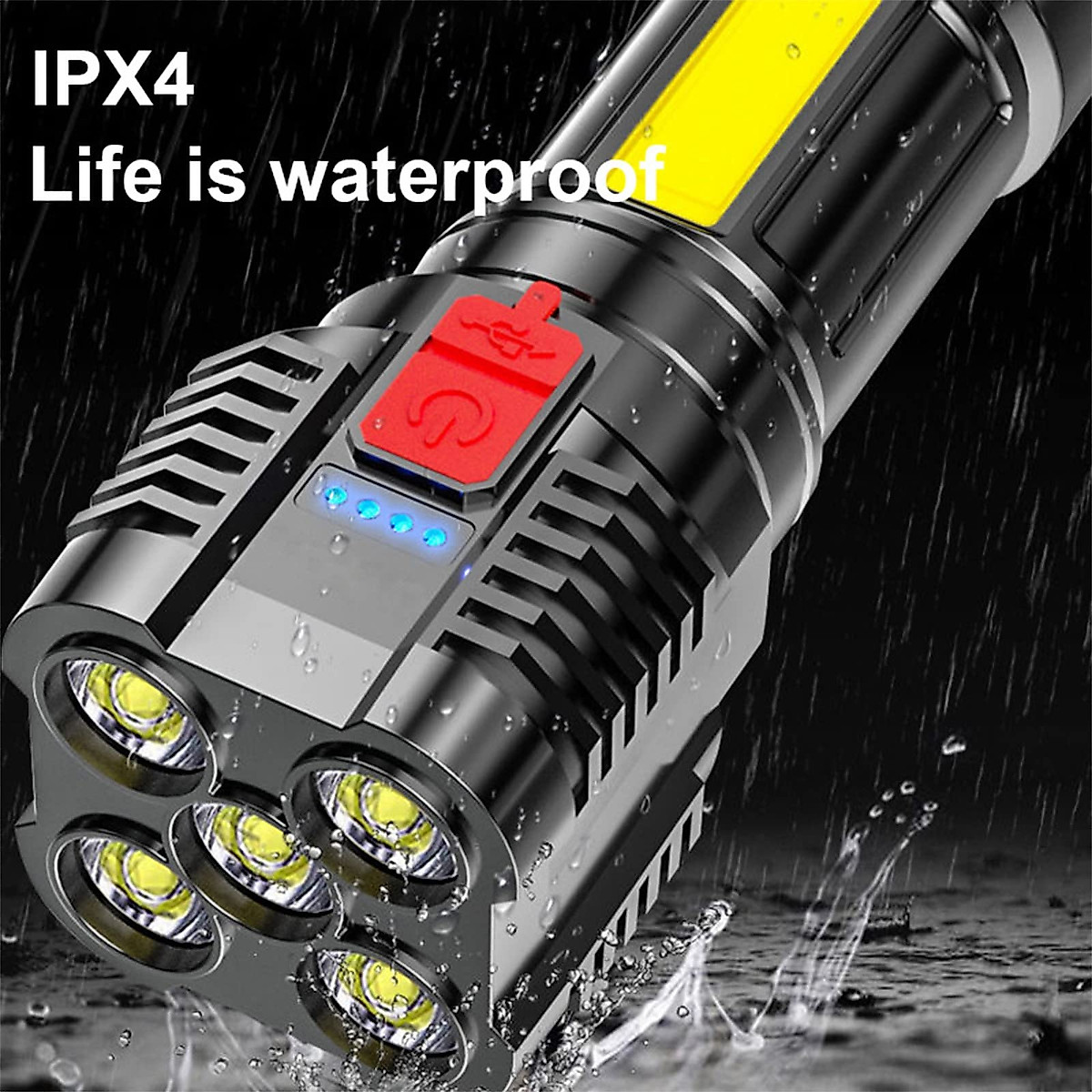 Five Explosion LED Flashlight Super Bright Rechargeable Camping Flashlight Table Lamp 4 Modes with COB Work Light, IPX6 Waterproof, Powerful Handheld Flash Light for Emergencies, Camping, Hiking