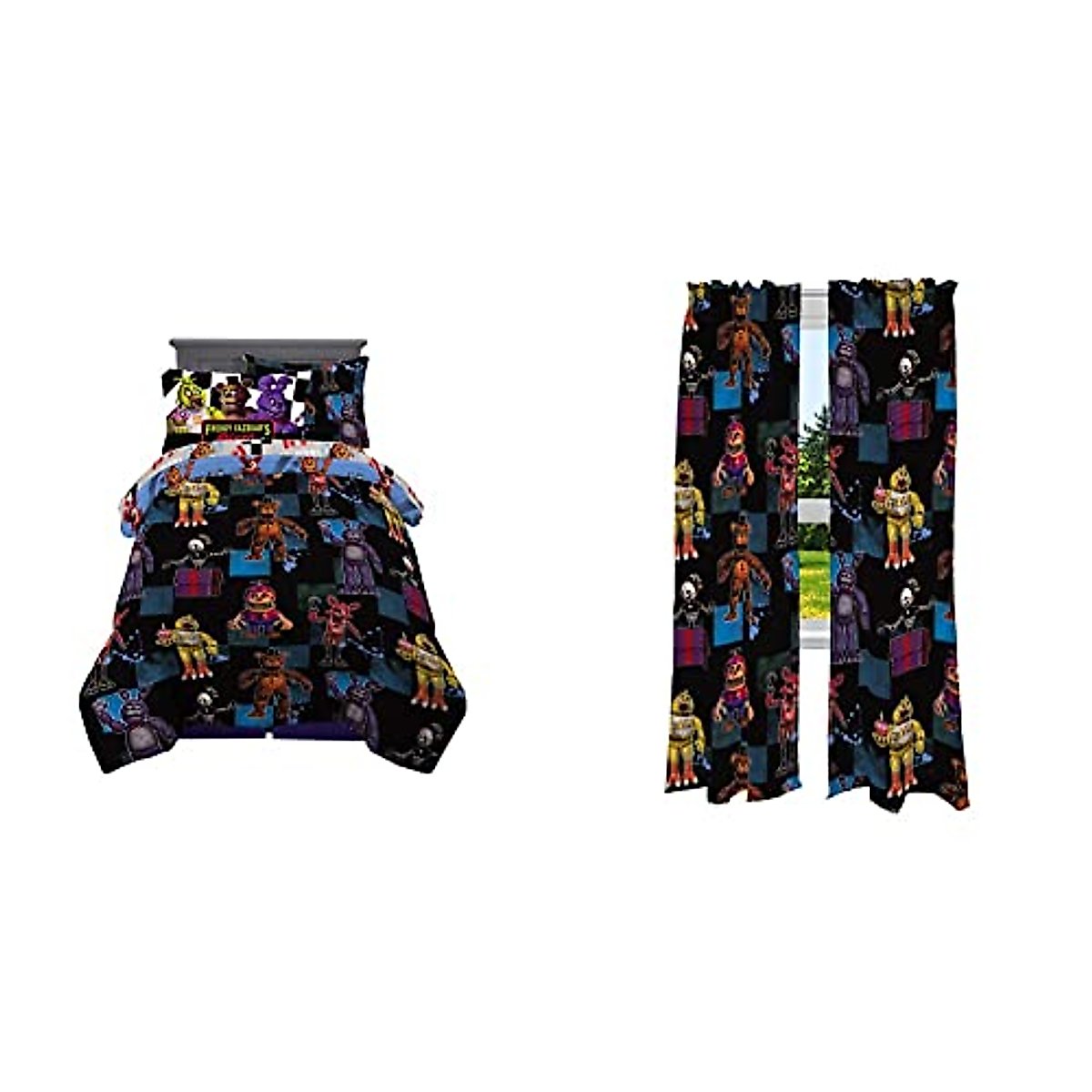 Franco Kids Bedding Super Soft Comforter and Sheet Set with Sham, 5 Piece Twin Size, Five Nights at Freddy's & Kids Room Window Curtains Drapes Set, 82 in x 84 in, Five Nights at Freddy's