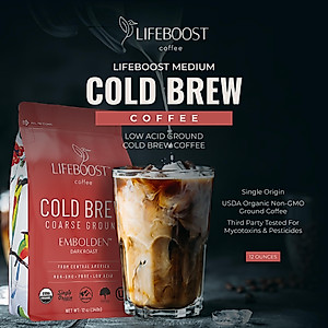 Lifeboost Dark Cold Brew Coffee - Low Acid Coarse Ground Coffee for Cold Brew - Single Origin Non-GMO USDA Organic Cold Brew Coffee Grounds - 3rd Party Tested For Mycotoxins & Pesticides - 12 Ounces