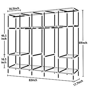 LOKEME Portable Closet, Great Size 82-Inch Portable Wardrobe with 5 Hanging Areas and 10 Storage Shelves for Hanging Clothes, Extra Sturdy 25mm Steel Tube and Easy to Assemble, Grey